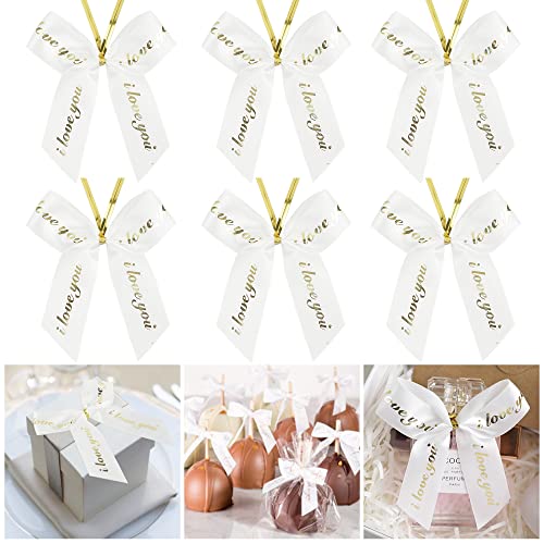 AIMUDI White Bows with Twist Tie for Wedding Favors White and Gold Bows I Love You Ribbon Bows for Gift Wrapping Premade Bows for Treat Bags Candy Apple Valentine's Day Bridal Shower -50 Counts