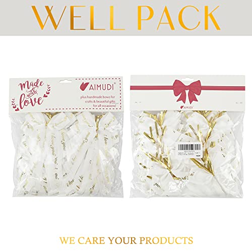 AIMUDI White Bows with Twist Tie for Wedding Favors White and Gold Bows I Love You Ribbon Bows for Gift Wrapping Premade Bows for Treat Bags Candy Apple Valentine's Day Bridal Shower -50 Counts