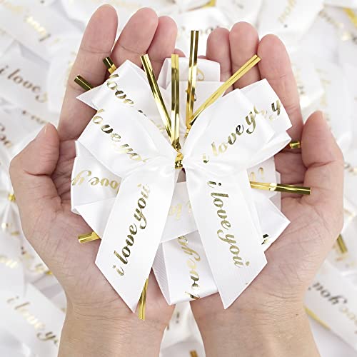 AIMUDI White Bows with Twist Tie for Wedding Favors White and Gold Bows I Love You Ribbon Bows for Gift Wrapping Premade Bows for Treat Bags Candy Apple Valentine's Day Bridal Shower -50 Counts