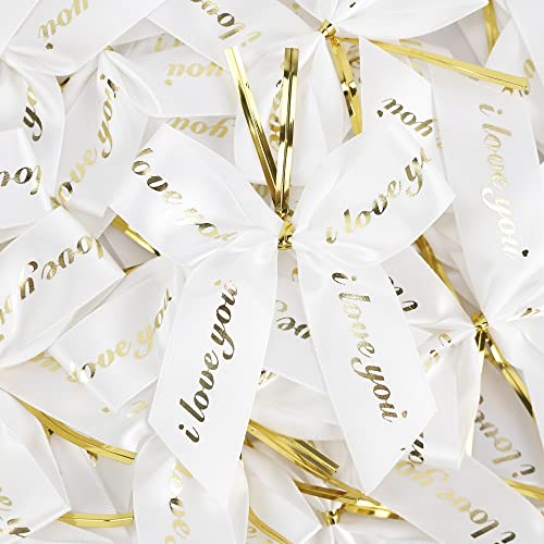 AIMUDI White Bows with Twist Tie for Wedding Favors White and Gold Bows I Love You Ribbon Bows for Gift Wrapping Premade Bows for Treat Bags Candy Apple Valentine's Day Bridal Shower -50 Counts