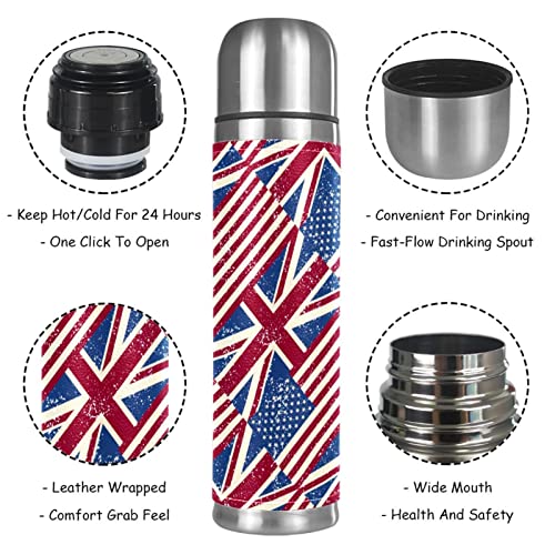 Stainless Steel Leather Vacuum Insulated Mug Flags of the United Kingdom Thermos Water Bottle for Hot and Cold Drinks Kids Adults 16 Oz