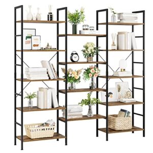 finetones triple wide 5-tier bookshelf, large industrial bookcase with metal frame, 68.5 x 11.8 x 68.1 in, tall open storage and display rack for home office, rustic brown