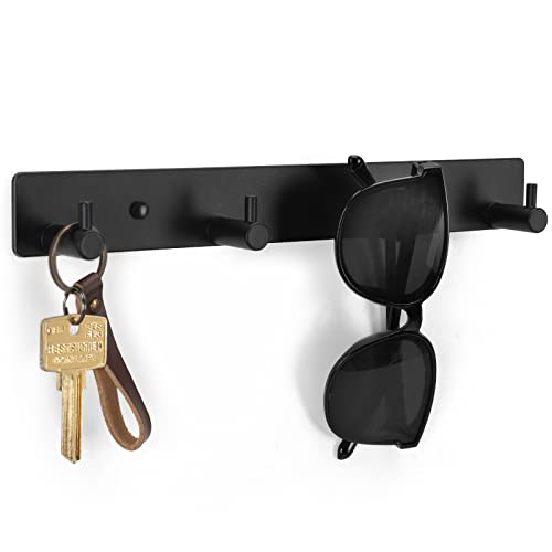 Lwenki Key Holder for Wall, Black Key Rack with 4 Key Hooks to Hang Keyrings, Dog Leash, Umbrella, Sunglasses – Key Hanger with Mounting Hardware for Glass, Tile and Wood (10.9” x 1.4” x 1.0”) (Black)