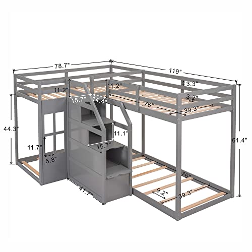 Merax Twin Over Twin L-Shaped Bunk Bed with Built-in Middle Staircase, Twin Size Wooden Bunk Bed for Teen, Grey