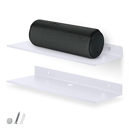 BRAINWAVZ 2-Pack 12" Floating Metal Wall Shelf for Books, Organizer, Speakers, Plants, Cameras, Books, Decor Display, Storage, Routers & More Wide Universal Holder Shelf (White)