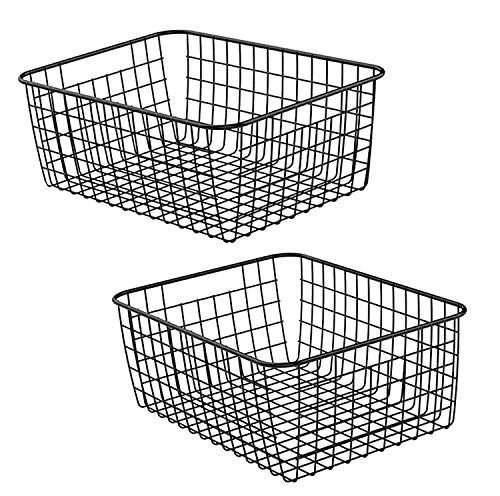 HDYOUDO Metal Wire Food Storage Basket Organizer with Wooden Handles for Organizing Kitchen Cabinets, 2 Packs-Black-large