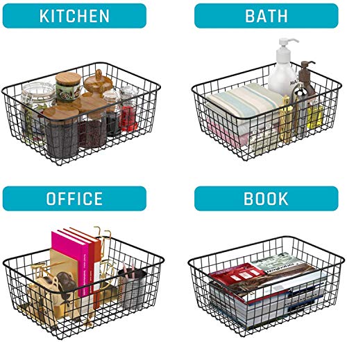 HDYOUDO Metal Wire Food Storage Basket Organizer with Wooden Handles for Organizing Kitchen Cabinets, 2 Packs-Black-large