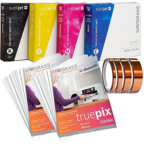 Sawgrass SubliJet UHD Inks SG500 & SG1000 4 Pack with 200 Sublimation Sheets, 4 Rolls of Tape,