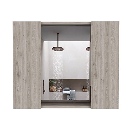 Tuhome Artemisa Medicine Cabinet with Double Door, Mirror, and External Shelf, Light Grey