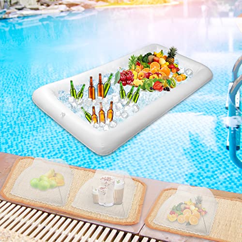 Large Inflatable Serving Bar Kit 1+4Pcs, Luxiv Salad Food Drinks Tray for Picnic Pool Cooler Ice Buffet Party Camping Inflatable Salad Serving Trays with Drain Plug, Large Food Mesh Cover, Inflator…