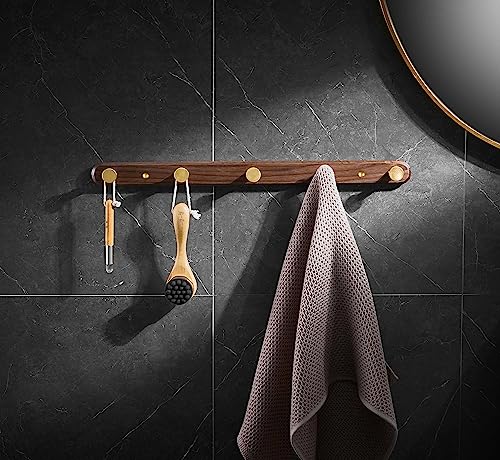 SARIHOSY Wall Mounted Coat Rack, Entryway Hanging Coat Rack, Metal Wood Coat Rail with 5 Rustic Hooks Rail for Coat, Scarf, Bag, Towel, Key, Cap, Hat, Walnut Gold Matt