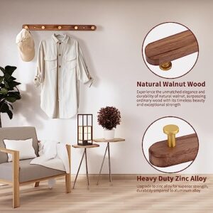 SARIHOSY Wall Mounted Coat Rack, Entryway Hanging Coat Rack, Metal Wood Coat Rail with 5 Rustic Hooks Rail for Coat, Scarf, Bag, Towel, Key, Cap, Hat, Walnut Gold Matt