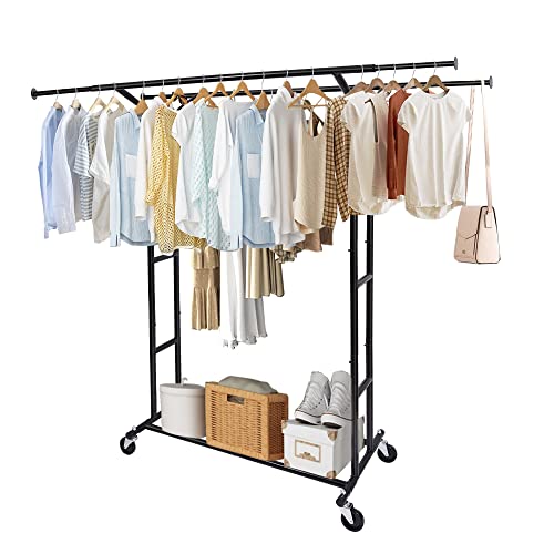 Fishat Heavy Duty Double Rod Clothing Garment Rack for Hanging Clothes, Commercial Metal Rolling Clothes Organizer on Lockable Wheels for Men Coats, Dresses, Dorm Bedroom Home Balcony (Black)