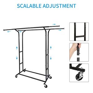 Fishat Heavy Duty Double Rod Clothing Garment Rack for Hanging Clothes, Commercial Metal Rolling Clothes Organizer on Lockable Wheels for Men Coats, Dresses, Dorm Bedroom Home Balcony (Black)