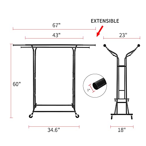 Fishat Heavy Duty Double Rod Clothing Garment Rack for Hanging Clothes, Commercial Metal Rolling Clothes Organizer on Lockable Wheels for Men Coats, Dresses, Dorm Bedroom Home Balcony (Black)