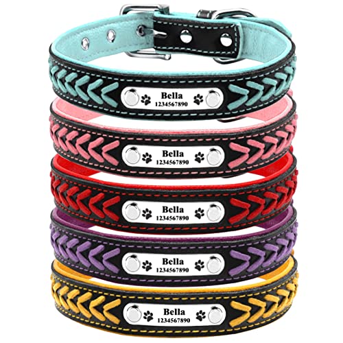 Personalized Dog Collars for Small Medium Large Dogs,Custom Dog Collar with Name Plate,Braided Leather Dog ID Collars, Option to Blue,Pink,Red,Purple,Yellow