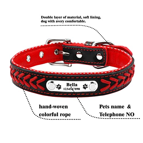 Personalized Dog Collars for Small Medium Large Dogs,Custom Dog Collar with Name Plate,Braided Leather Dog ID Collars, Option to Blue,Pink,Red,Purple,Yellow