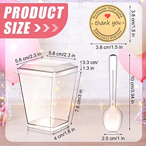 100 Packs Clear Plastic Dessert Cups with Spoons and Stickers, 6 oz Small Clear Plastic Parfait Cup Disposable Appetizer Cup Shooter Cup for Dessert Appetizers, Puddings, Mousse, Ice Cream (Square)