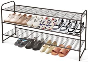 keetdy long 3-tier shoe rack for closet floor entryway, wide shoe storage organizer stackable metal shoe shelf for 24 pairs men sneakers with wire grid for bedroom, bronze