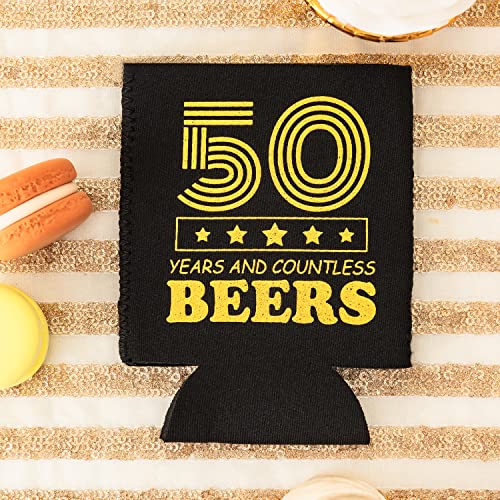 Crisky 50th Birthday Can Cooler Happy 50th Birthday Decorations for Men, Can Coolies Beverage Sleeve for 50 Year Old Birthday Gift Ideas Birthday Party Favors for Him, 12 Pack, Black & Gold