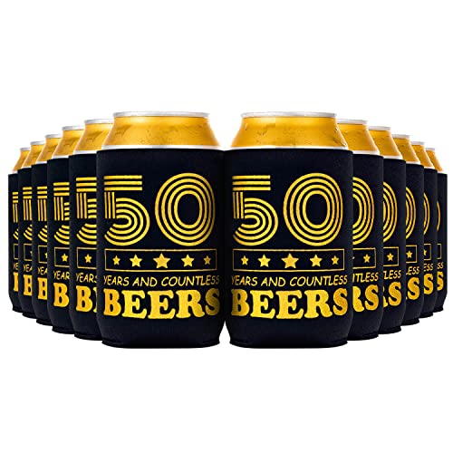 Crisky 50th Birthday Can Cooler Happy 50th Birthday Decorations for Men, Can Coolies Beverage Sleeve for 50 Year Old Birthday Gift Ideas Birthday Party Favors for Him, 12 Pack, Black & Gold