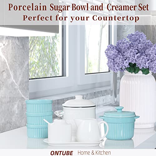 ONTUBE Porcelain Sugar and Creamer with tray and Crystal Lid Set of 4, Silver