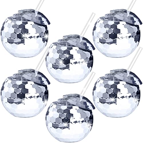 Ujuuu 6Pcs Disco Ball Cups Tumbler Disco Flash Ball Cocktail Cup Silver Spherical Cup with Lid and Straw Wine Glass Drinking Syrup Tea Bottle for Nightclub Bar Party,16oz