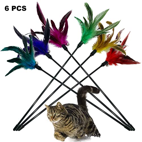 CATENESS Cat Wand Toy Feather Stick Cat Toys, 6 PCS Cat Feathers Wand Toy, Interactive Cat Toy Feather Wand for Indoor Cats