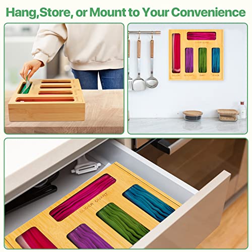 NIKUY Bag Storage Organizer for Kitchen Drawer, Bamboo Baggie Organizer, Compatible with Ziploc, Solimo, Glad, Hefty for Gallon, Quart, Sandwich and Snack Variety Size Bag (1 Box 5 Slots)