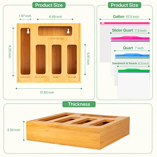 NIKUY Bag Storage Organizer for Kitchen Drawer, Bamboo Baggie Organizer, Compatible with Ziploc, Solimo, Glad, Hefty for Gallon, Quart, Sandwich and Snack Variety Size Bag (1 Box 5 Slots)