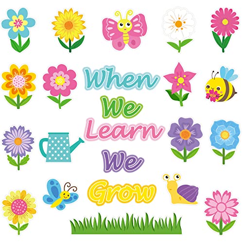 G1ngtar 64 Pcs When We Learn We Grow Bulletin Board Decoration Set Spring Summer Butterfly Bee Snail Flowers DIY Cardstock Paper Cutouts Wall Decals Teacher Supplies for Classroom School Kindergarten