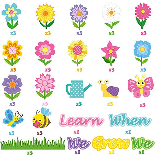 G1ngtar 64 Pcs When We Learn We Grow Bulletin Board Decoration Set Spring Summer Butterfly Bee Snail Flowers DIY Cardstock Paper Cutouts Wall Decals Teacher Supplies for Classroom School Kindergarten