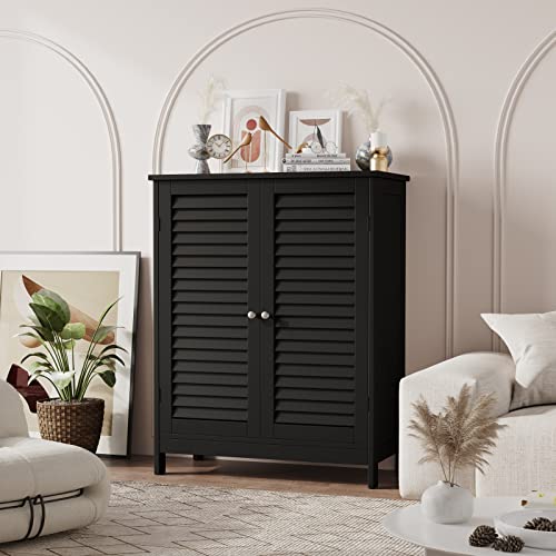 Reettic Bathroom Freestanding Storage Cabinet, Floor Storage Cabinet with 2 Doors, Bathroom Cabinet with Adjustable Shelf, 23.6" L x 11.8" W x 31.5" H, Black BMGZ301B