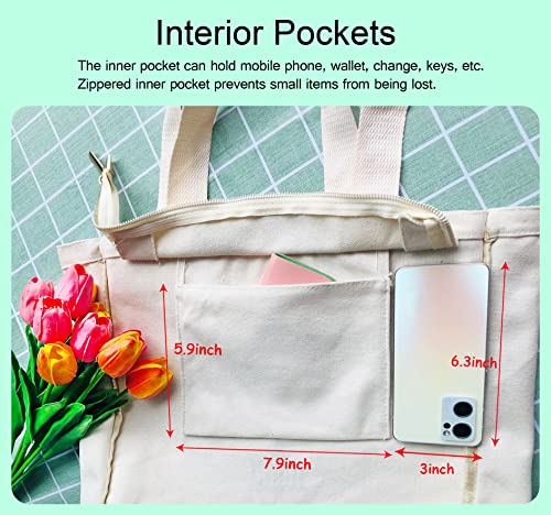 Canvas Aesthetic Tote Bag with Zipper Interior Pocket Shoulder Tote Bags for Women School Shopping