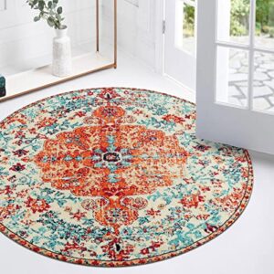 lahome bohemian floral medallion round rug - 3ft oriental distressed small round area rug vintage washable entryway foyer mat non-slip non-shedding low-pile sofa bathroom carpet, orange/multi