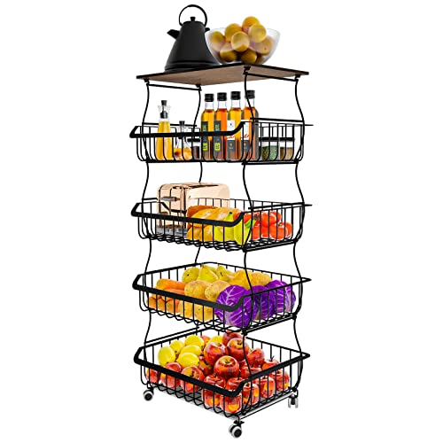 Seed Spring 5 Tier Fruit Basket – Stackable Wire Basket Cart with Rolling Wheels – Fruits Vegetable Kitchen Storage Cart Pantry Laundry Organizer – Black