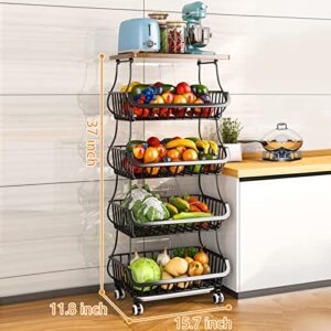 Seed Spring 5 Tier Fruit Basket – Stackable Wire Basket Cart with Rolling Wheels – Fruits Vegetable Kitchen Storage Cart Pantry Laundry Organizer – Black