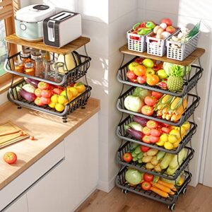 Seed Spring 5 Tier Fruit Basket – Stackable Wire Basket Cart with Rolling Wheels – Fruits Vegetable Kitchen Storage Cart Pantry Laundry Organizer – Black