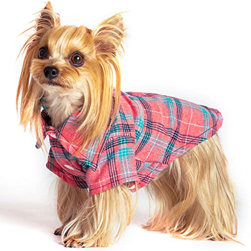 Loyalfurry Dog Shirts for Small Dogs, Dark-Pink Plaid Striped Pet Clothes,Cute Breathable Cotton Outfit Soft Casual Dog Outfit,Thanksgiving Christmas Costumes for Puppy Cats (Medium)