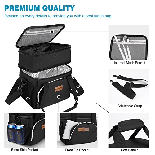 BALORAY 15L Black Insulated Lunch Bag for Men Women, Expandable Large Lunch Bags for work, Leakproof Double Deck Lunch Box Cooler Tote Bag with Adjustable Shoulder Strap