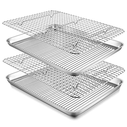 P&P CHEF 16 Inch Baking Sheets with Racks, Stainless Steel Baking Oven Pan Tray and Cooling Rack Set, Corrugated Bottom & Grid Rack, Healthy & Durable, Dishwasher Safe, 4 Pieces (2 Pans + 2 Racks)