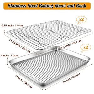 P&P CHEF 16 Inch Baking Sheets with Racks, Stainless Steel Baking Oven Pan Tray and Cooling Rack Set, Corrugated Bottom & Grid Rack, Healthy & Durable, Dishwasher Safe, 4 Pieces (2 Pans + 2 Racks)