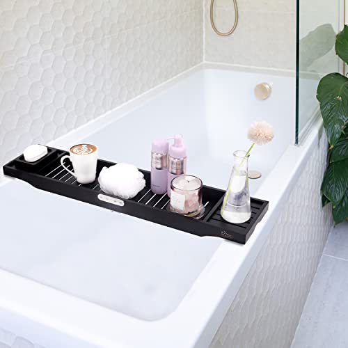 BUDFAY Bathtub Tray, Foldable Bamboo Bath Tray, Stylish Bathroom Accessories with Free soap Dish, Foot Brush, Bath Ball (Black)