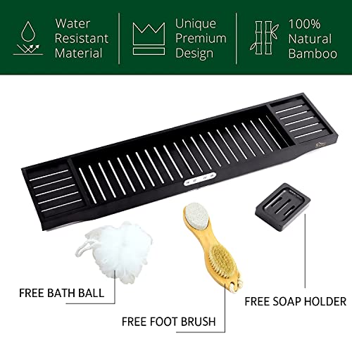 BUDFAY Bathtub Tray, Foldable Bamboo Bath Tray, Stylish Bathroom Accessories with Free soap Dish, Foot Brush, Bath Ball (Black)