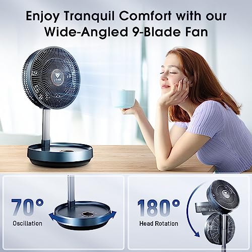 Airdog 12'' Foldable Fan, Quiet Oscillating Standing Fan with Temp Sensor and Remote, USB Rechargeable 8000mAh Battery, Timer, Adjustable Height, Portable Pedestal Fan for Bedroom Camping