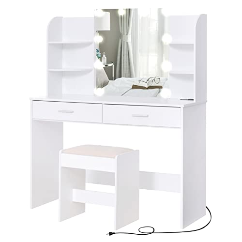 usikey Large Vanity Set with Lighted Mirror & Charging Station, Makeup Vanity Tables with 2 Drawers, 6 Shelves, 10 Embedded Light Bulbs, Vanity Desk with Cushioned Stool for Bedroom, White