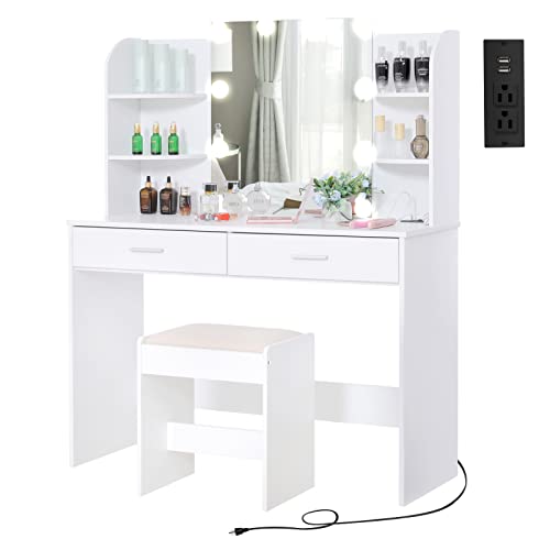 usikey Large Vanity Set with Lighted Mirror & Charging Station, Makeup Vanity Tables with 2 Drawers, 6 Shelves, 10 Embedded Light Bulbs, Vanity Desk with Cushioned Stool for Bedroom, White