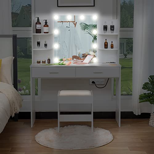 usikey Large Vanity Set with Lighted Mirror & Charging Station, Makeup Vanity Tables with 2 Drawers, 6 Shelves, 10 Embedded Light Bulbs, Vanity Desk with Cushioned Stool for Bedroom, White