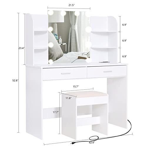 usikey Large Vanity Set with Lighted Mirror & Charging Station, Makeup Vanity Tables with 2 Drawers, 6 Shelves, 10 Embedded Light Bulbs, Vanity Desk with Cushioned Stool for Bedroom, White