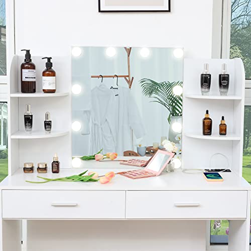 usikey Large Vanity Set with Lighted Mirror & Charging Station, Makeup Vanity Tables with 2 Drawers, 6 Shelves, 10 Embedded Light Bulbs, Vanity Desk with Cushioned Stool for Bedroom, White